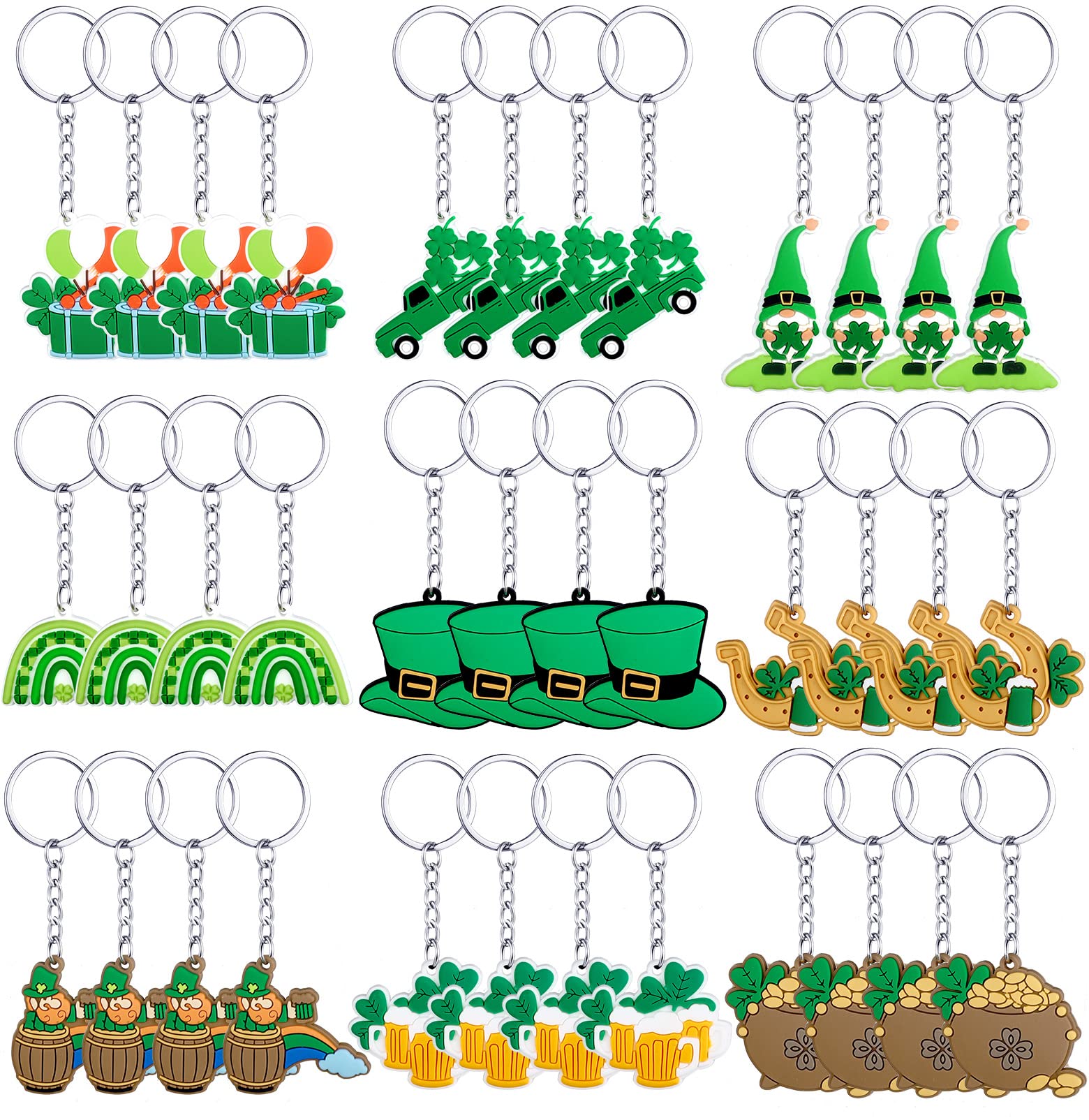 Jadive 36 Pieces St. Patrick's Day PVC Keychains Irish Festival Themed Party Decor Keychain for Kids Gnome, Shamrock, Beer, Irish, Horseshoes, Coins 9 Styles (Shamrock)