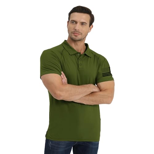 H HYFOL Polo Shirts for Men Graphic Stretch Casual American Patriotic Short Sleeve Raglan Golf Polos for Men(Olive Green,L)