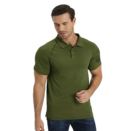 H HYFOL Polo Shirts for Men Graphic Stretch Casual American Patriotic Short Sleeve Raglan Golf Polos for Men(Olive Green,L)