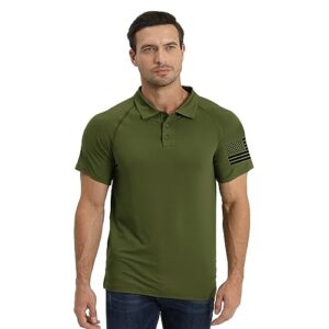 H HYFOL Polo Shirts for Men Graphic Stretch Casual American Patriotic Short Sleeve Raglan Golf Polos for Men(Olive Green,L)