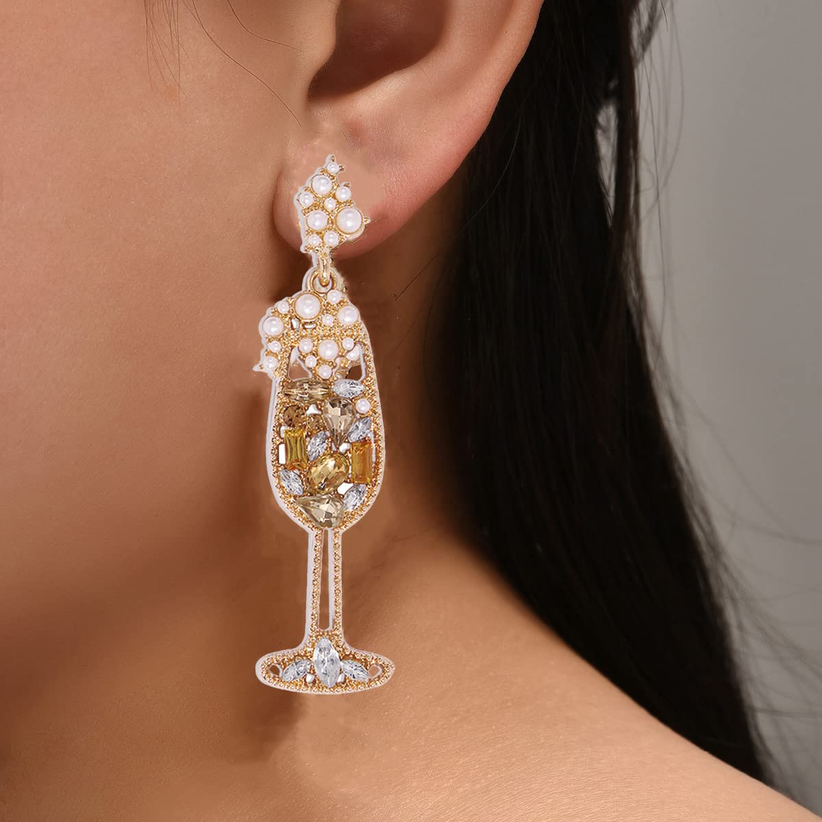 Champagne Glass Earrings, Women's Champagne Glass Dangle Earrings, Handmade Crystal Rhinestone Pearl Beaded Earrings for Women Girls (Champagne Colour)