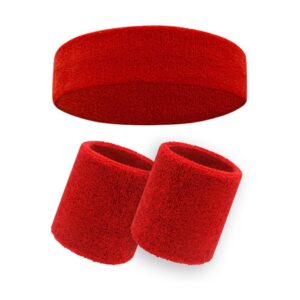 sweatband headband wristband set (red)- sweat band sports headband wrist band terry cloth athletic sweatband set for women men kids workout gym yoga tennis running baseball basketball soccer