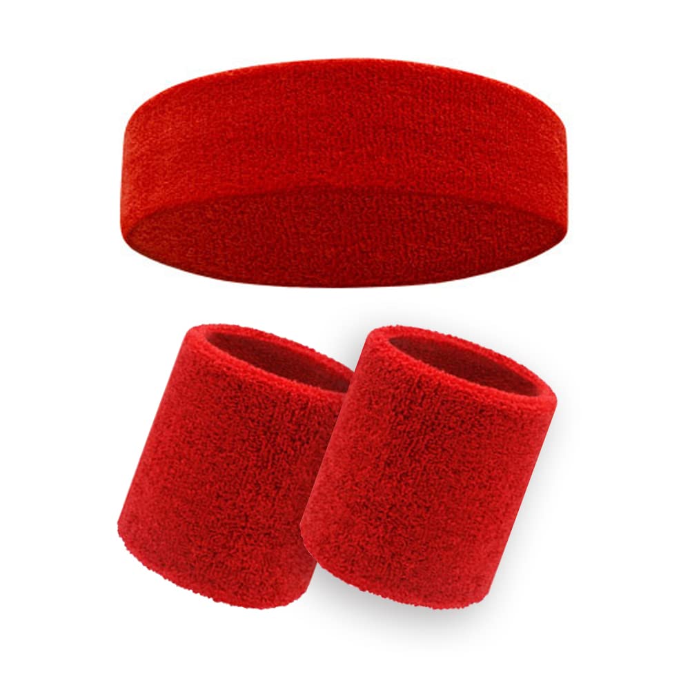 Sweatband Headband Wristband Set (Red)- Sweat Band Sports Headband Wrist Band Terry Cloth Athletic Sweatband Set for Women Men Kids Workout Gym Yoga Tennis Running Baseball Basketball Soccer