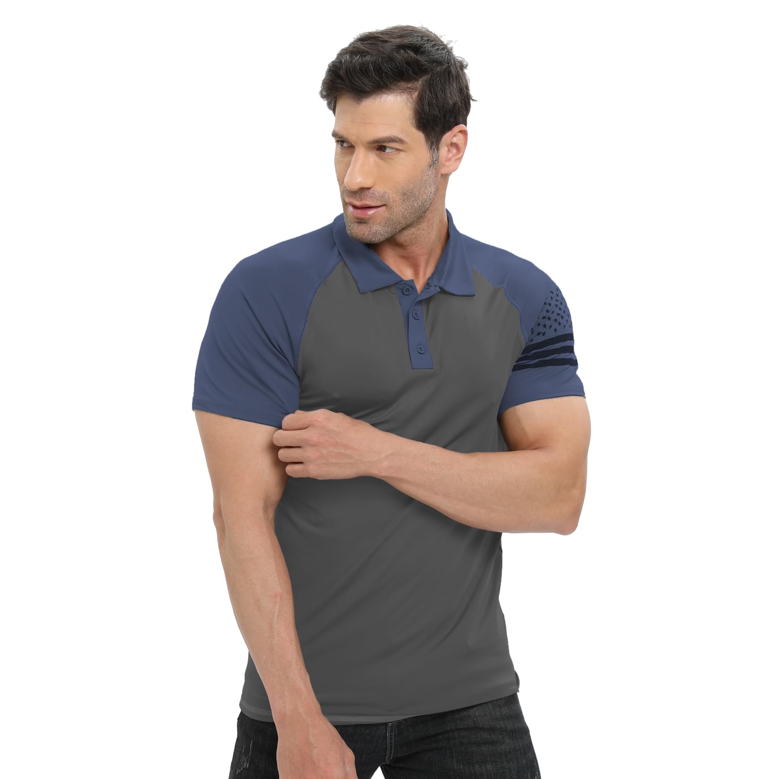 H HYFOL Polo Shirts for Men Contrast Color Short Sleeve Graphic Stretch American Patriotic Raglan Golf Polos for Men(Grey Blue,XL)