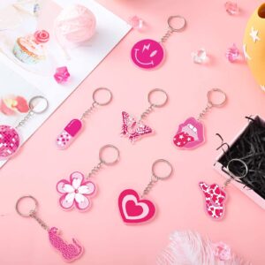 12 Pcs Preppy Smile Key Chain Acrylic Smile Face Keychain Happy Face Aesthetic Preppy Keychain for Backpack Cute Women's Keyrings and Keychains for Girls Purse Pink Accessories Charm, 12 Designs