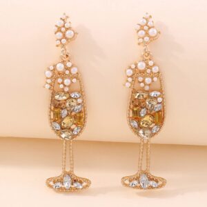 Champagne Glass Earrings, Women's Champagne Glass Dangle Earrings, Handmade Crystal Rhinestone Pearl Beaded Earrings for Women Girls (Champagne Colour)