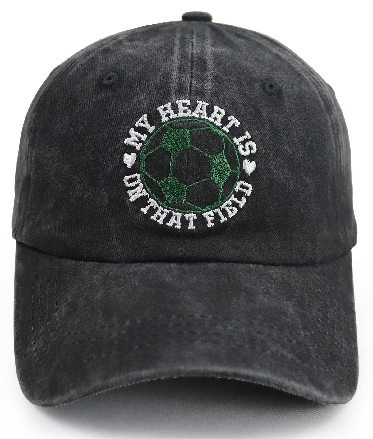 Soccer Ball Hats for Men Women, Funny My Heart is on That Field Soccer Hat, Adjustable Washed Vintage Cotton Embroidered Football Baseball Cap, Fathers Day Soccer Gifts for Dad Mom Grandma Grandpa