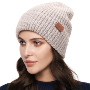 winter beanie for women men: double layer with thick lining comfortable head warm winter hat windproof thermal for skiing driving apricot