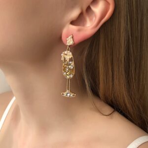 Champagne Glass Earrings, Women's Champagne Glass Dangle Earrings, Handmade Crystal Rhinestone Pearl Beaded Earrings for Women Girls (Champagne Colour)