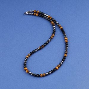 GAVU 6mm Brown Tiger Eye Hematite Rainbow Obsidian Crystal Necklace 20"