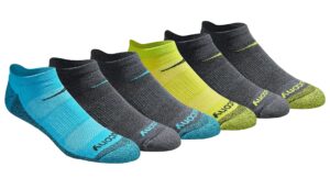 saucony men's rundry mesh ventilating comfort fit performance no-show socks, available in m-xxl (6, 12, 18, yellow blue charcoal assorted (6 pairs), x-large