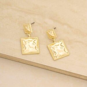 Ettika Gold Earrings. Earrings For Women, 18k Gold Plated Textured Repeated Squares Drop Earrings. Jewelry