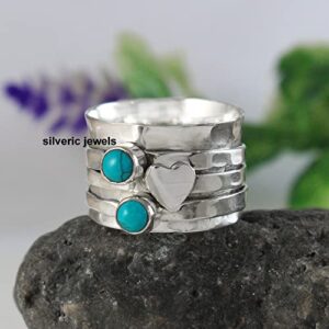 Turquoise gemstone Heart Spinner ring Love band Meditation Spinning ring Statement silver ring jewelry (9.5)