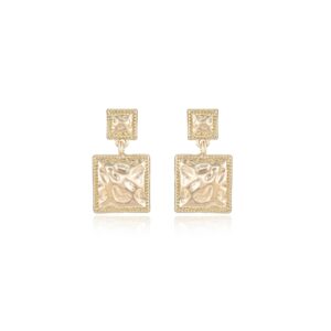 Ettika Gold Earrings. Earrings For Women, 18k Gold Plated Textured Repeated Squares Drop Earrings. Jewelry