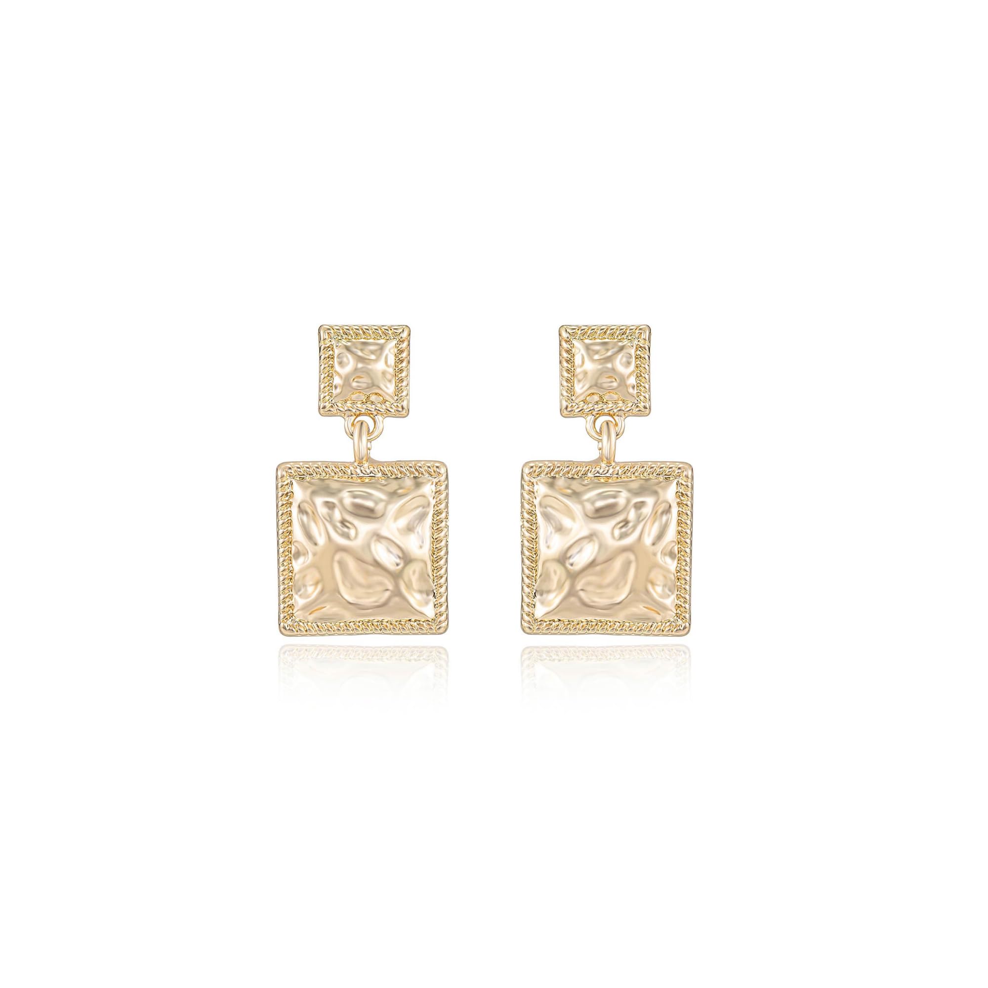 Ettika Gold Earrings. Earrings For Women, 18k Gold Plated Textured Repeated Squares Drop Earrings. Jewelry