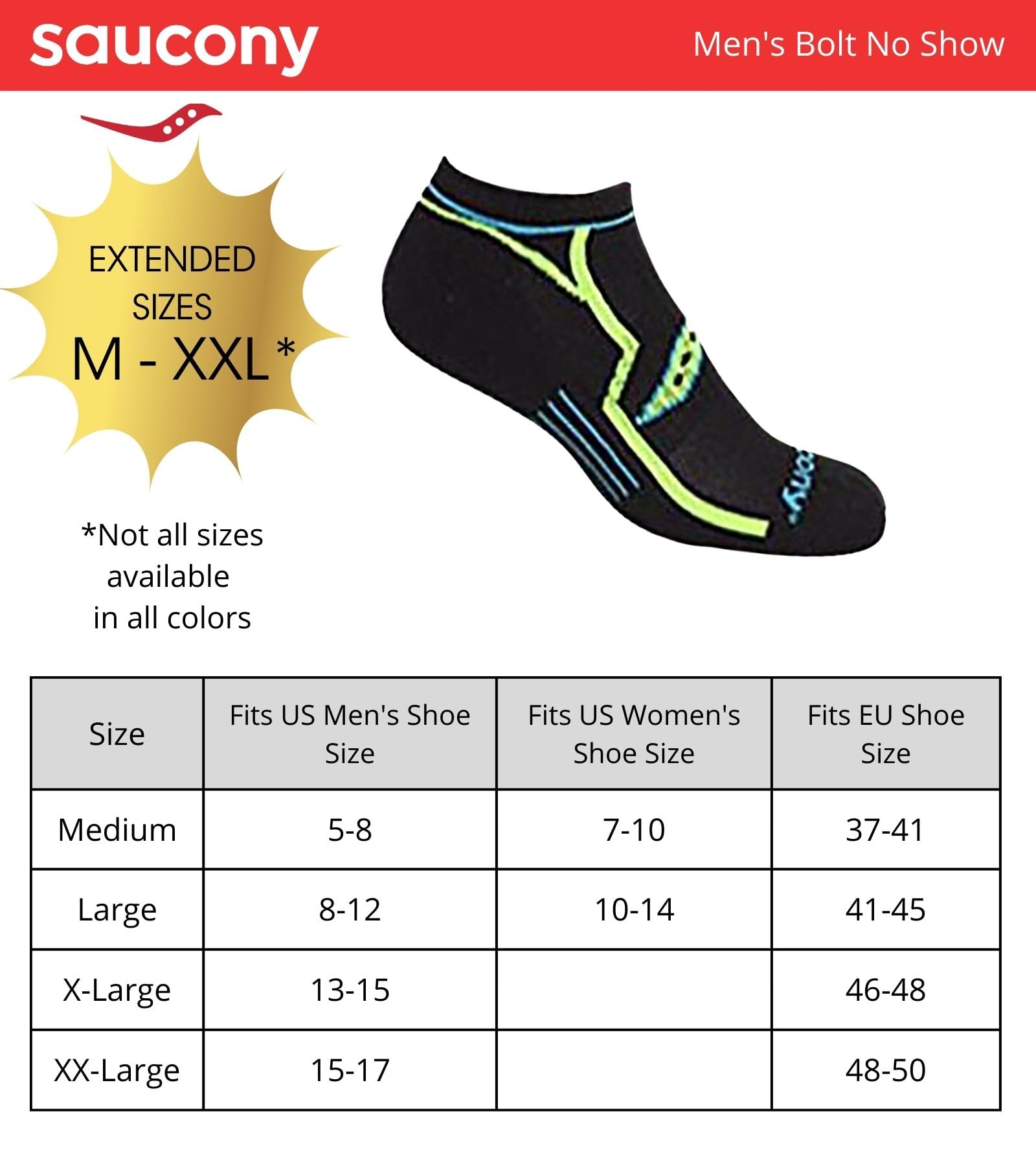 Saucony Men's Rundry Bolt Performance No-Show Socks, Available in M-XXL (6, 12, 18, White (6 Pairs), XX-Large