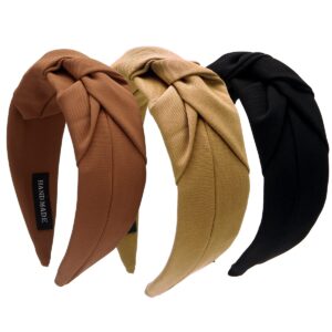 3pcs wide knotted headbands pure color knot headband, cloth art headband，yoga hair band elastic hair accessories for women and girls (black+beige+brown)