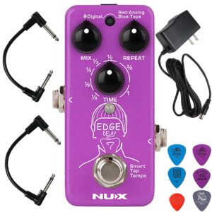 nux edge delay bundle with 2 patch cables, 6 dunlop picks, and 9v power supply