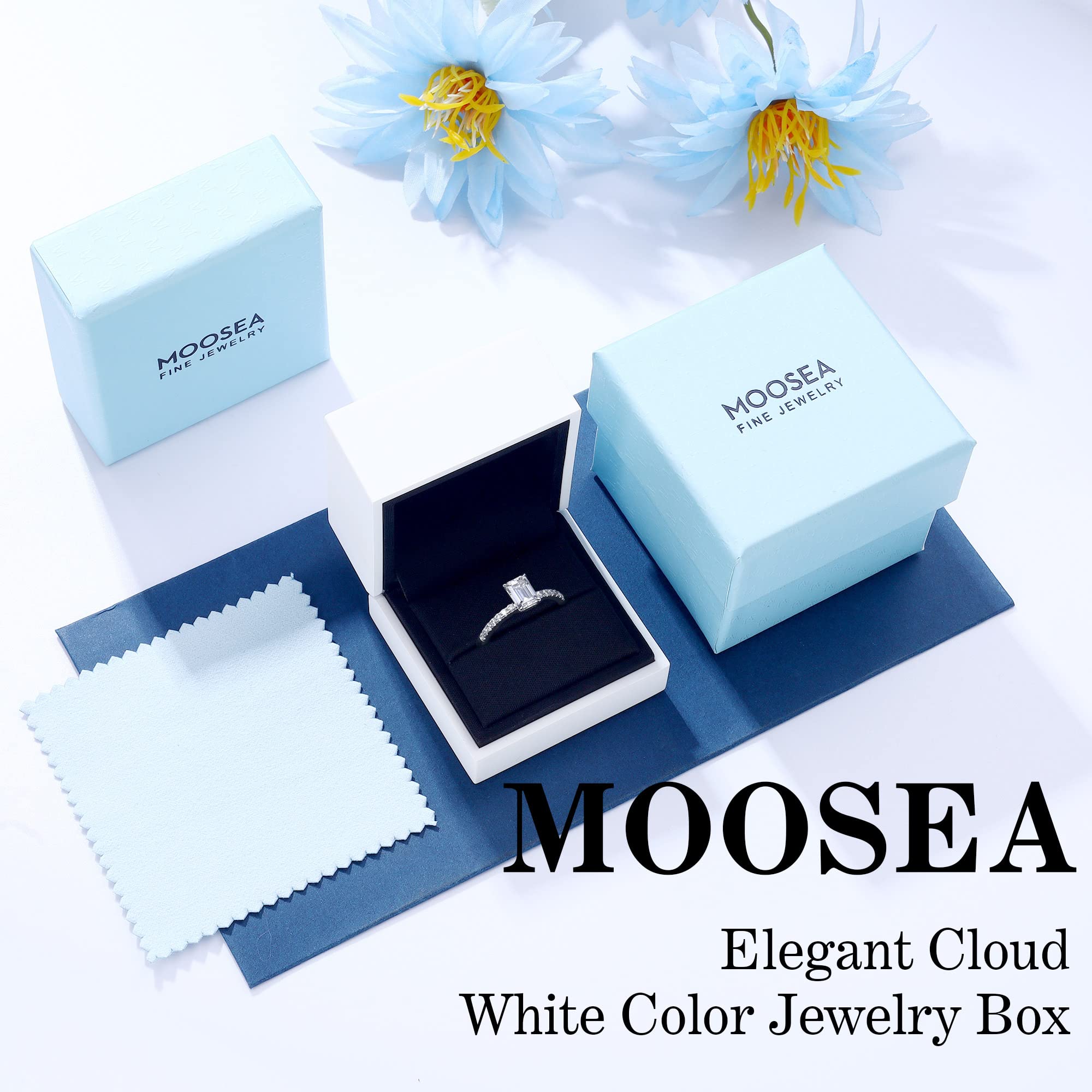 MOOSEA Moissanite Anniversary Rings for Women, 1ct Emerald Cut D Color VVS1 Clarity Lab Created Diamond Wedding Rings 14K White Gold Vermeil Moissanite Engagement Rings for Women with Sidestone