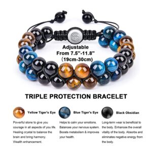 REAPP Triple Protection Bracelet-Natural Tiger Eye Yellow Blue Obsidian Beads Bracelet for Men, 8mm Crystal and Healing Stone Bracelet for Women