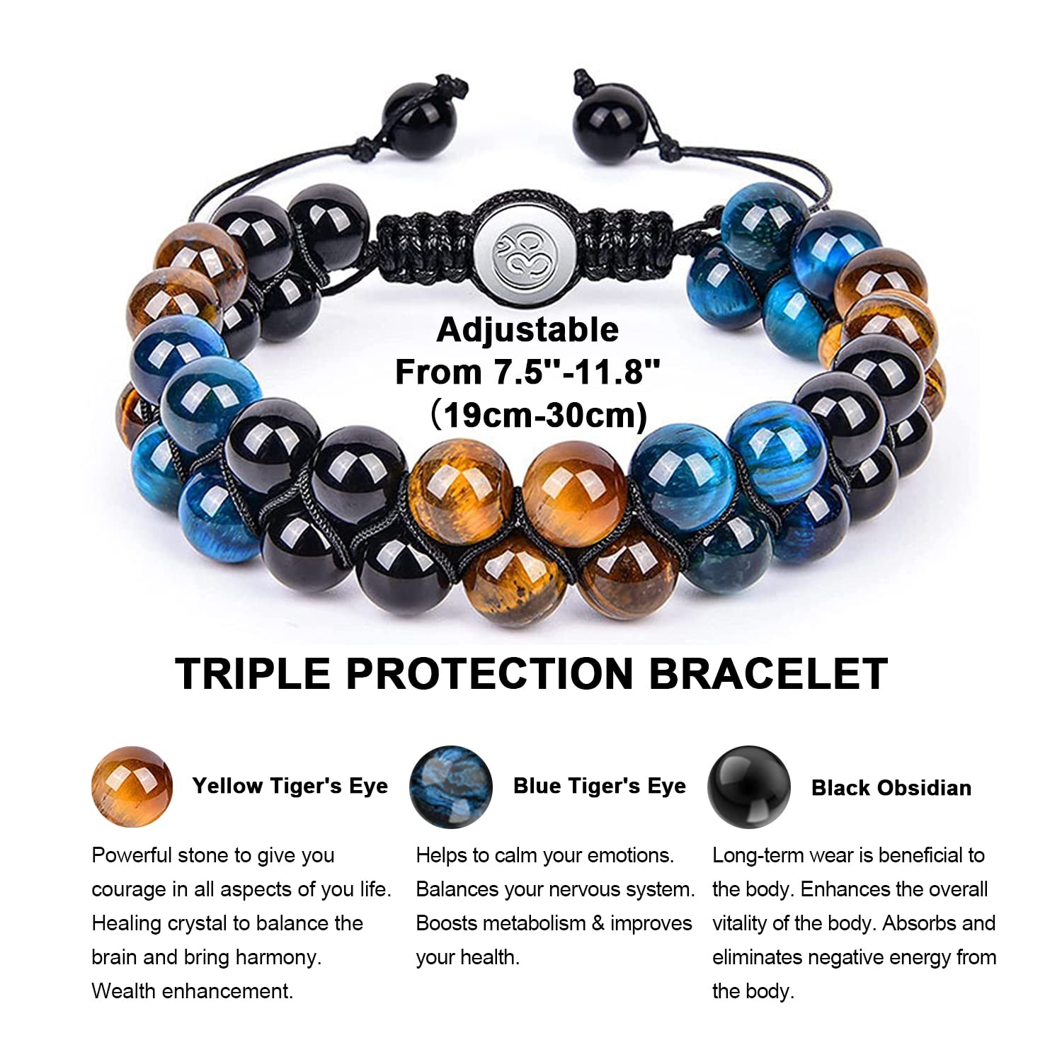 REAPP Triple Protection Bracelet-Natural Tiger Eye Yellow Blue Obsidian Beads Bracelet for Men, 8mm Crystal and Healing Stone Bracelet for Women