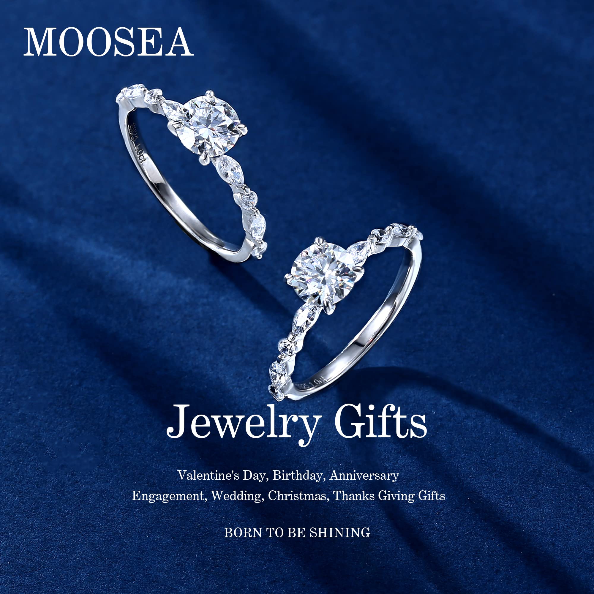 MOOSEA Moissanite Engagement Rings for Women, 1ct Round D Color VVS1 Clarity Lab Created Diamond Wedding Rings 14K White Gold Vermeil Moissanite Solitaire Ring for Women Wife Anniversary Rings Gifts