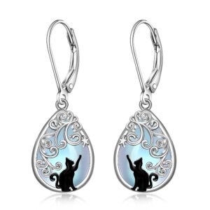 cat earrings moonstone filigree earrings for women sterling silver teardrop moonstone black cat earring dangle cats jewelry cute valentines christmas gifts