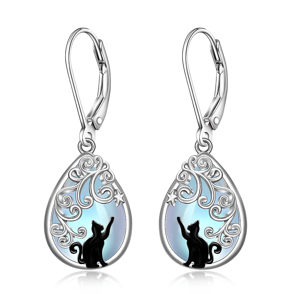 Cat Earrings Moonstone Filigree Earrings for Women Sterling Silver Teardrop Moonstone Black Cat Earring Dangle Cats Jewelry Cute Valentines Christmas Gifts