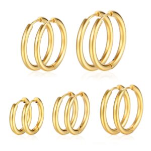 pickbeau 5 pairs gold hoop earrings set for women - 14k gold plated hypoallergenic small gold earrings set cartilage helix huggie hoop pack for women men 12mm/14mm/16mm/18mm/20mm