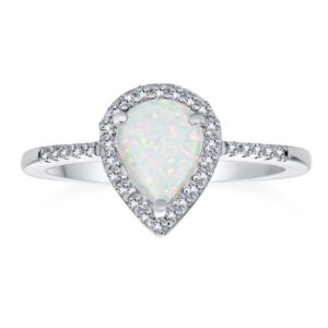 personalized dainty gemstone pear shape teardrop micro pave cz halo 2-3ctw created white opal ring for women .925 sterling silver october birthstone