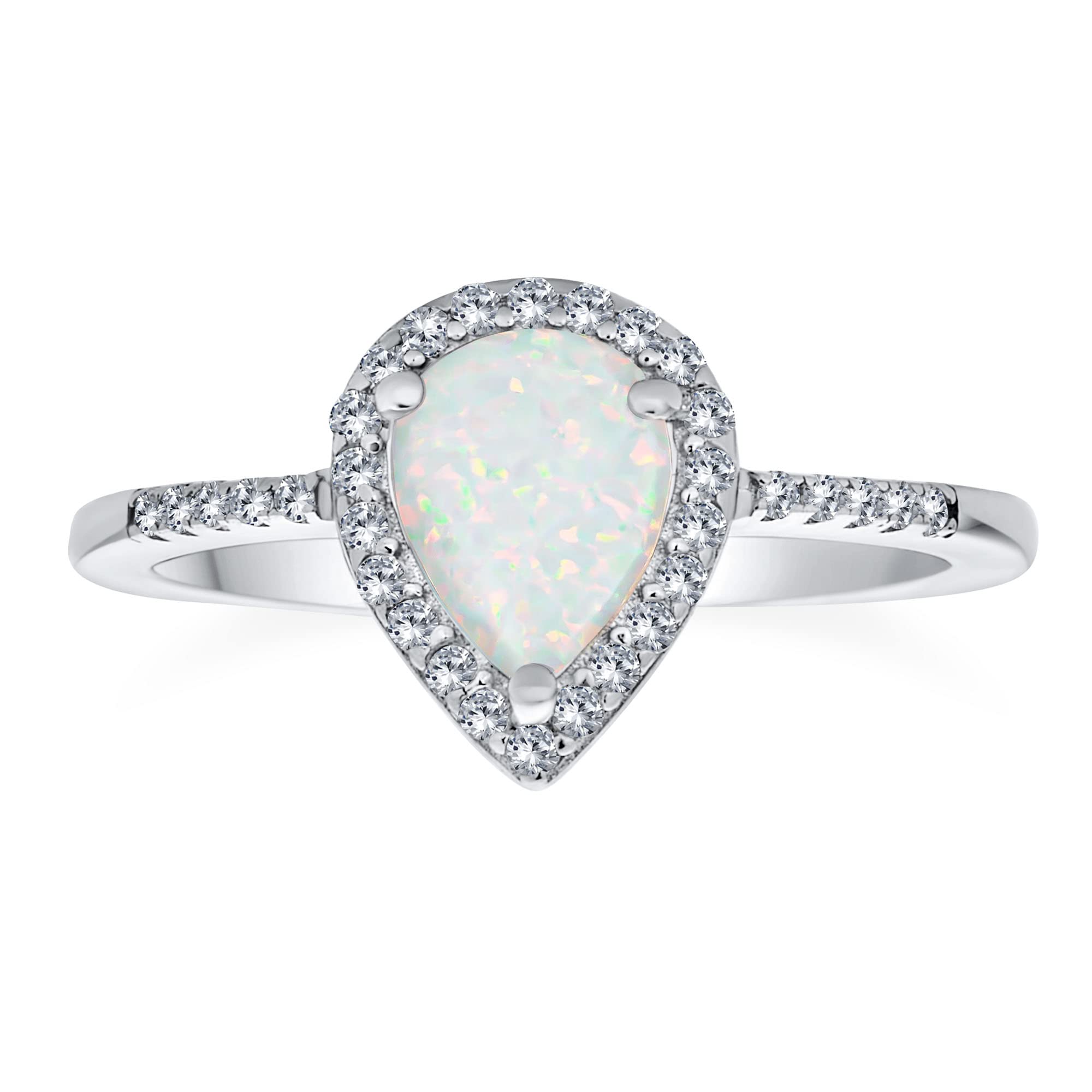 Personalized Dainty Gemstone Pear Shape Teardrop Micro Pave CZ Halo 2-3CTW Created White Opal Ring For Women .925 Sterling Silver October Birthstone