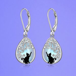 Cat Earrings Moonstone Filigree Earrings for Women Sterling Silver Teardrop Moonstone Black Cat Earring Dangle Cats Jewelry Cute Valentines Christmas Gifts