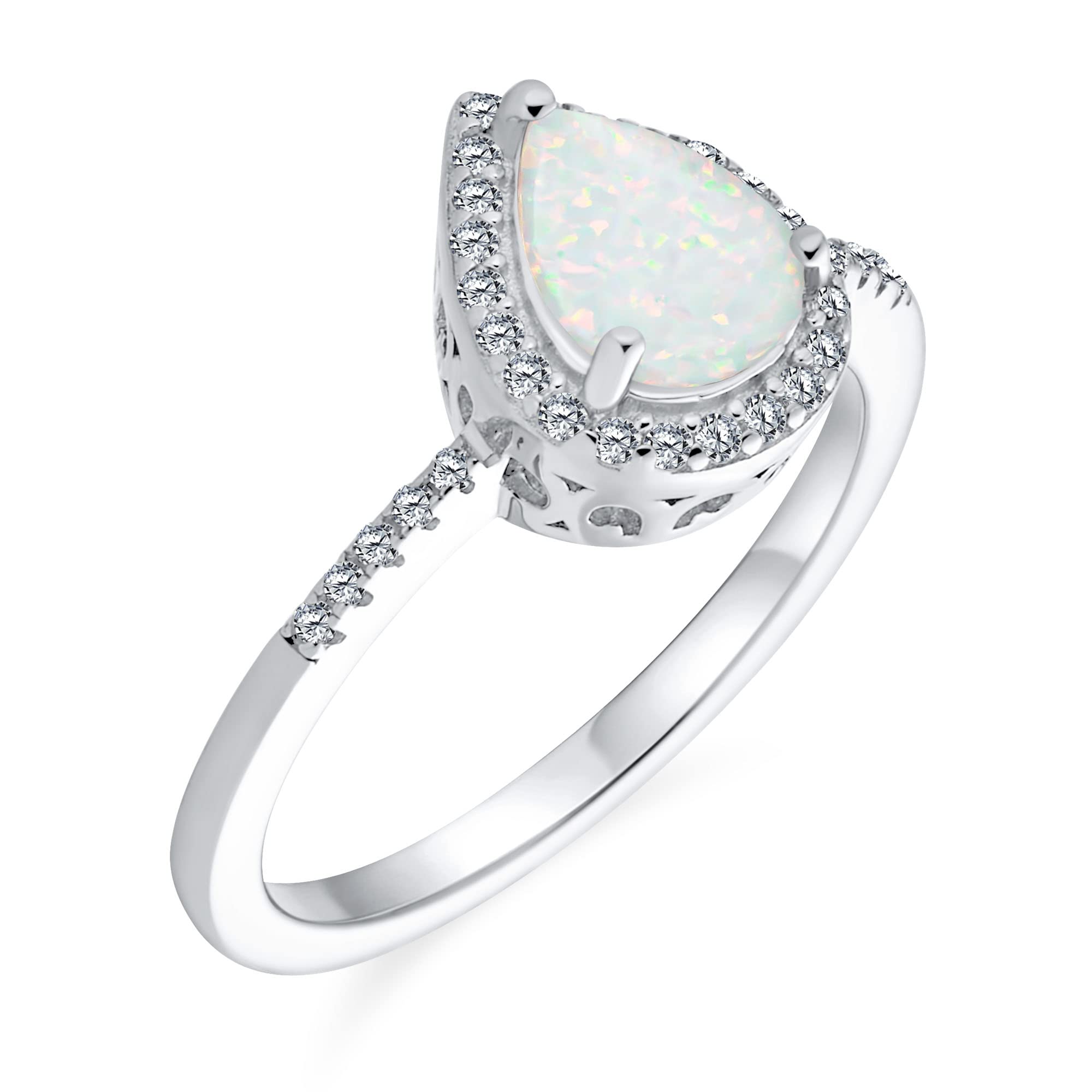 Personalized Dainty Gemstone Pear Shape Teardrop Micro Pave CZ Halo 2-3CTW Created White Opal Ring For Women .925 Sterling Silver October Birthstone