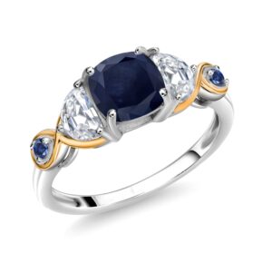 gem stone king 925 silver and 10k yellow gold cushion sapphire half moon moissanite 3-stone engagement ring for women (1.96 cttw, available in size 5, 6, 7, 8, 9)