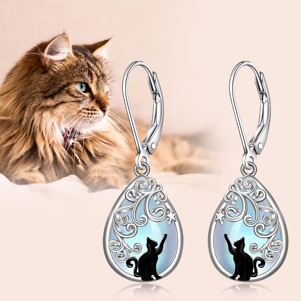 Cat Earrings Moonstone Filigree Earrings for Women Sterling Silver Teardrop Moonstone Black Cat Earring Dangle Cats Jewelry Cute Valentines Christmas Gifts