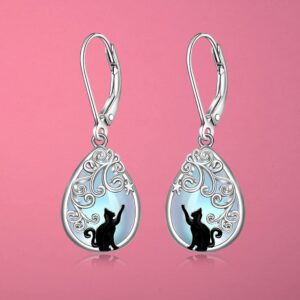 Cat Earrings Moonstone Filigree Earrings for Women Sterling Silver Teardrop Moonstone Black Cat Earring Dangle Cats Jewelry Cute Valentines Christmas Gifts