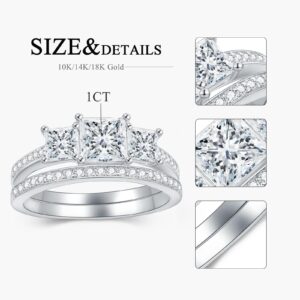 Princess Cut Wedding Ring Set for Women White Gold 3 Stone Moissanite Bridal Ring Set Engagement Ring Set 10K 14K 18K Gold Anniversary Promise Rings for Her with Text Engraving（14K