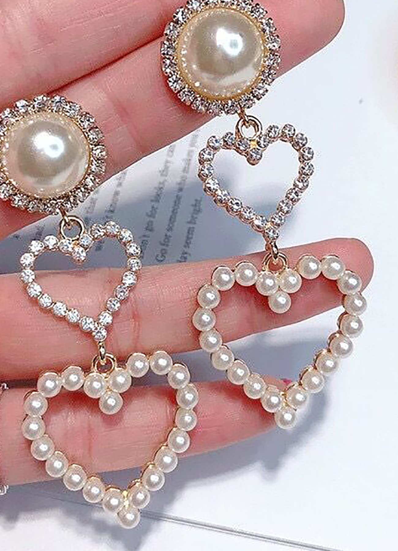 BUAJIUBUA Heart Earrings Drop Pearl Heart Earrings for Women Girls Teens Rhinestone Earrings（Gold Plated）