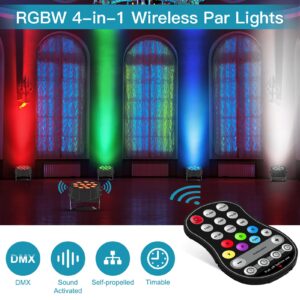 Rechargeable Par Lights RGBW 4-in-1 LED Uplights Battery Powered Stage Lights, HOLDLAMP DJ Lights Sound Activated with Remote & DMX Control for Festival Party Event Wedding Bar Church