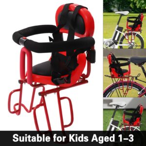 Futchoy Child Bike Seat, Rear Mounted Child Bike Seats, Back Mount Kids Seat with Non-Slip Armrests/Pedals Padde/Seat Belt/U-shaped Guardrail, Hold Up to 88lbs, Suitable for Children Aged 1-3 (Red)