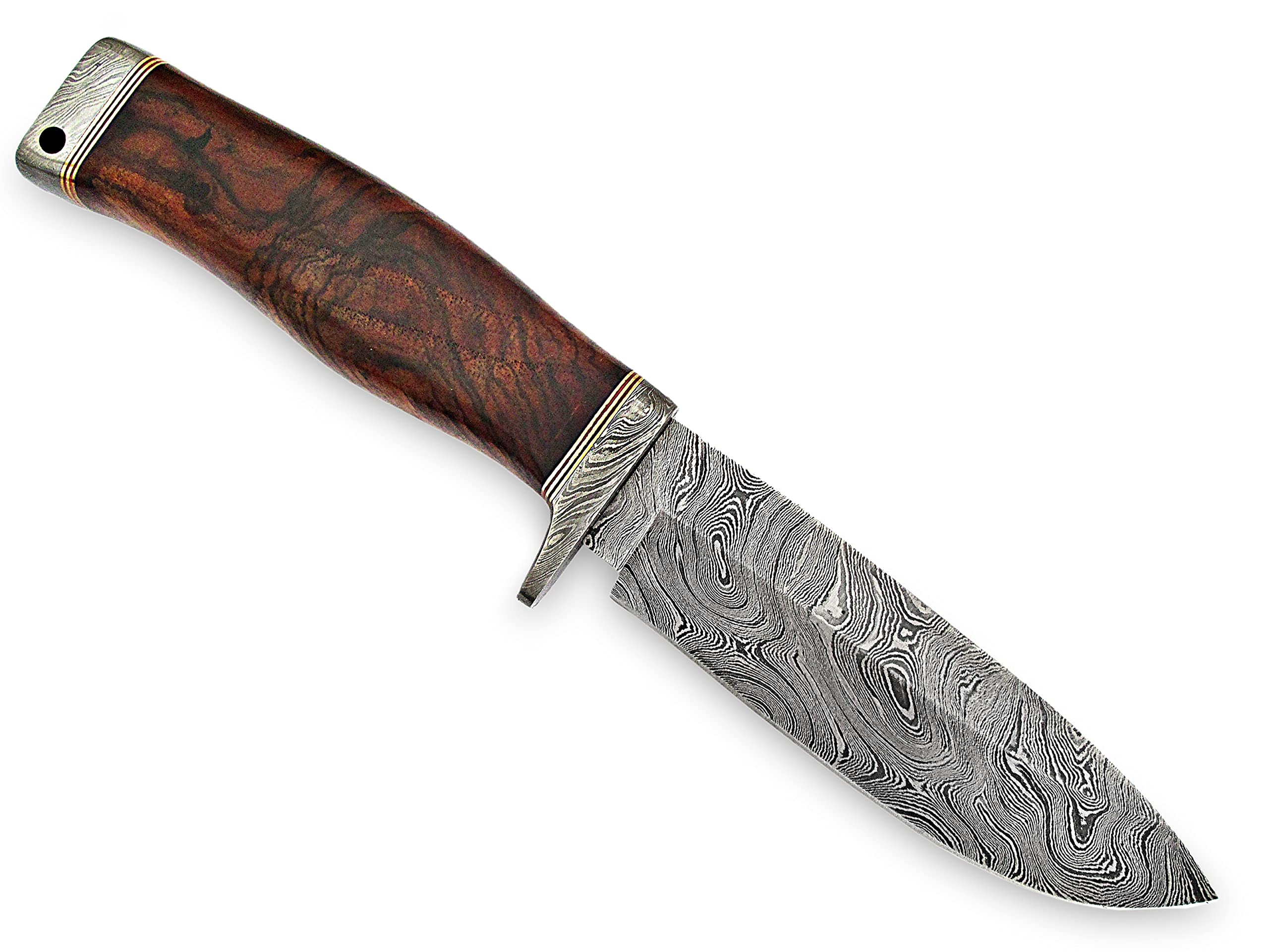 SFG - 11" Fixed Blade Hunting Knife, Damascus Steel Blade, Non-Slip Walnut Wood Handle, Lanyard Hole, Leather Pouch, Hunting, Camping, Backpacking, Fishing, Unique Gift Item For Men