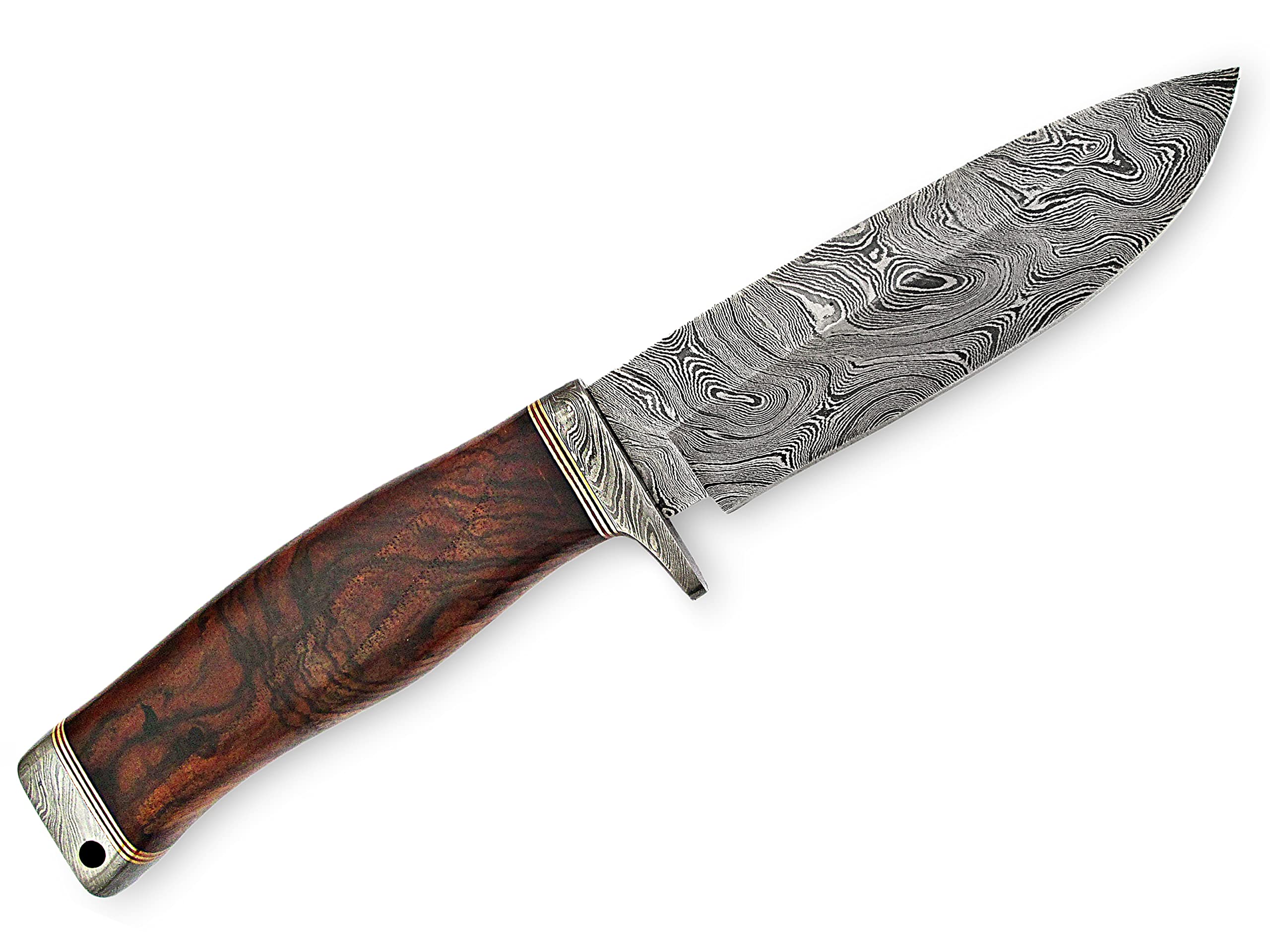 SFG - 11" Fixed Blade Hunting Knife, Damascus Steel Blade, Non-Slip Walnut Wood Handle, Lanyard Hole, Leather Pouch, Hunting, Camping, Backpacking, Fishing, Unique Gift Item For Men