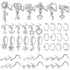 trnayi 48 pcs dangle nose rings for women nose piercings jewelry with charm l shape nose studs hoops stainless steel indian nose rings for women(silver)