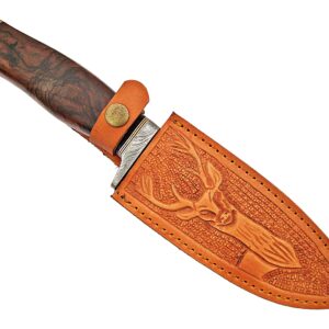 SFG - 11" Fixed Blade Hunting Knife, Damascus Steel Blade, Non-Slip Walnut Wood Handle, Lanyard Hole, Leather Pouch, Hunting, Camping, Backpacking, Fishing, Unique Gift Item For Men