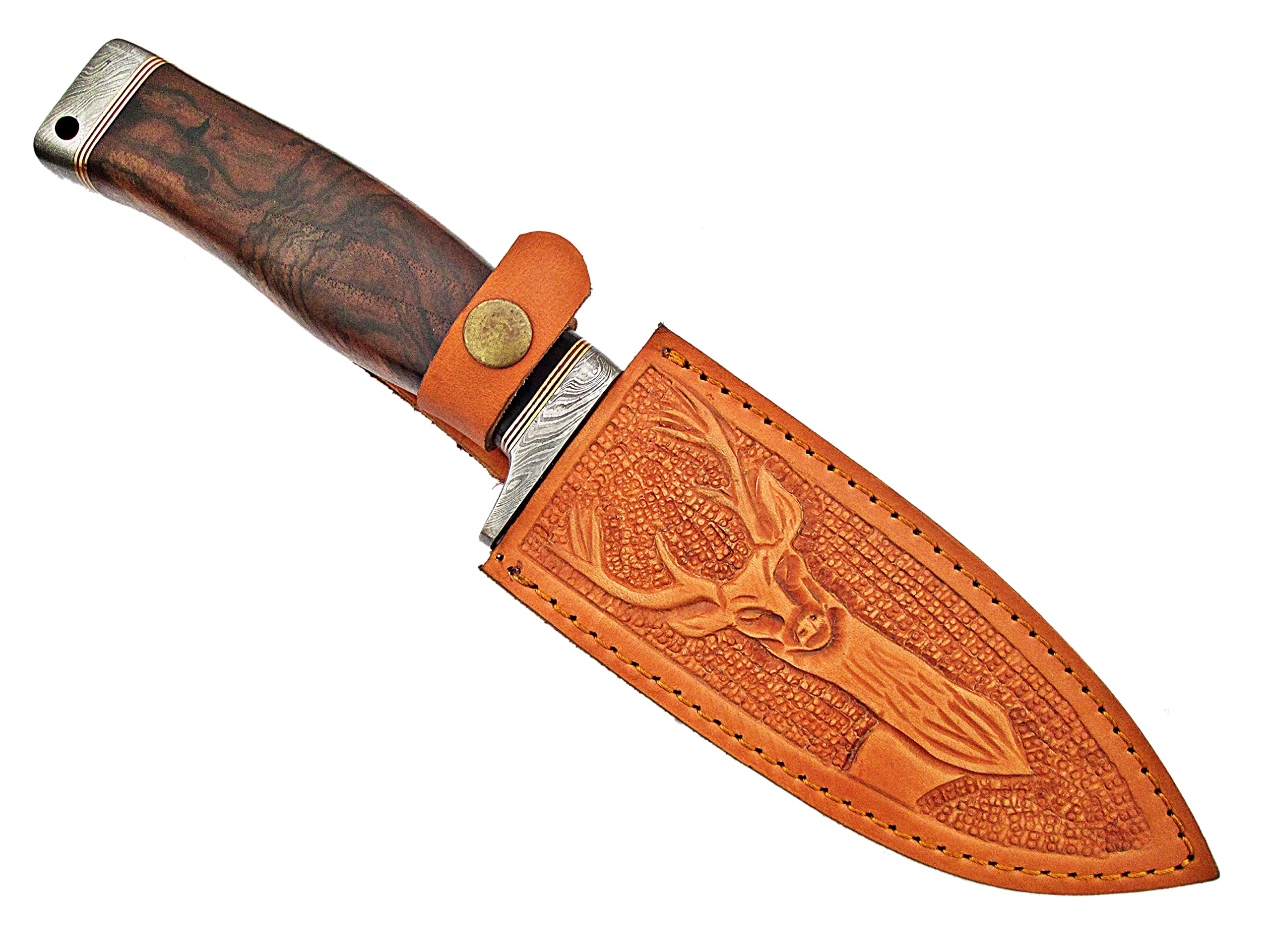 SFG - 11" Fixed Blade Hunting Knife, Damascus Steel Blade, Non-Slip Walnut Wood Handle, Lanyard Hole, Leather Pouch, Hunting, Camping, Backpacking, Fishing, Unique Gift Item For Men