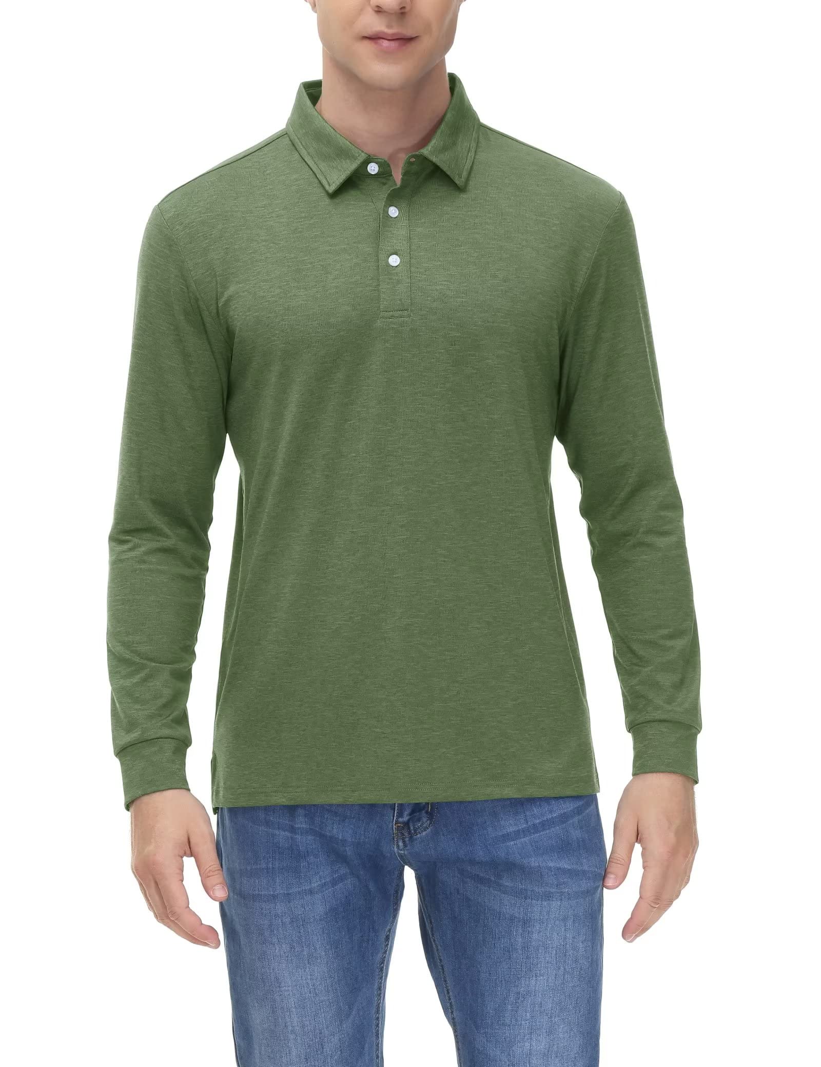 MAGCOMSEN Long Sleeve Polo Shirt Golf Shirts for Men Shirt for Men Spring Shirts Pique Polo Shirt Outdoor Shirts for Men Athletic Casual Shirts Army Green