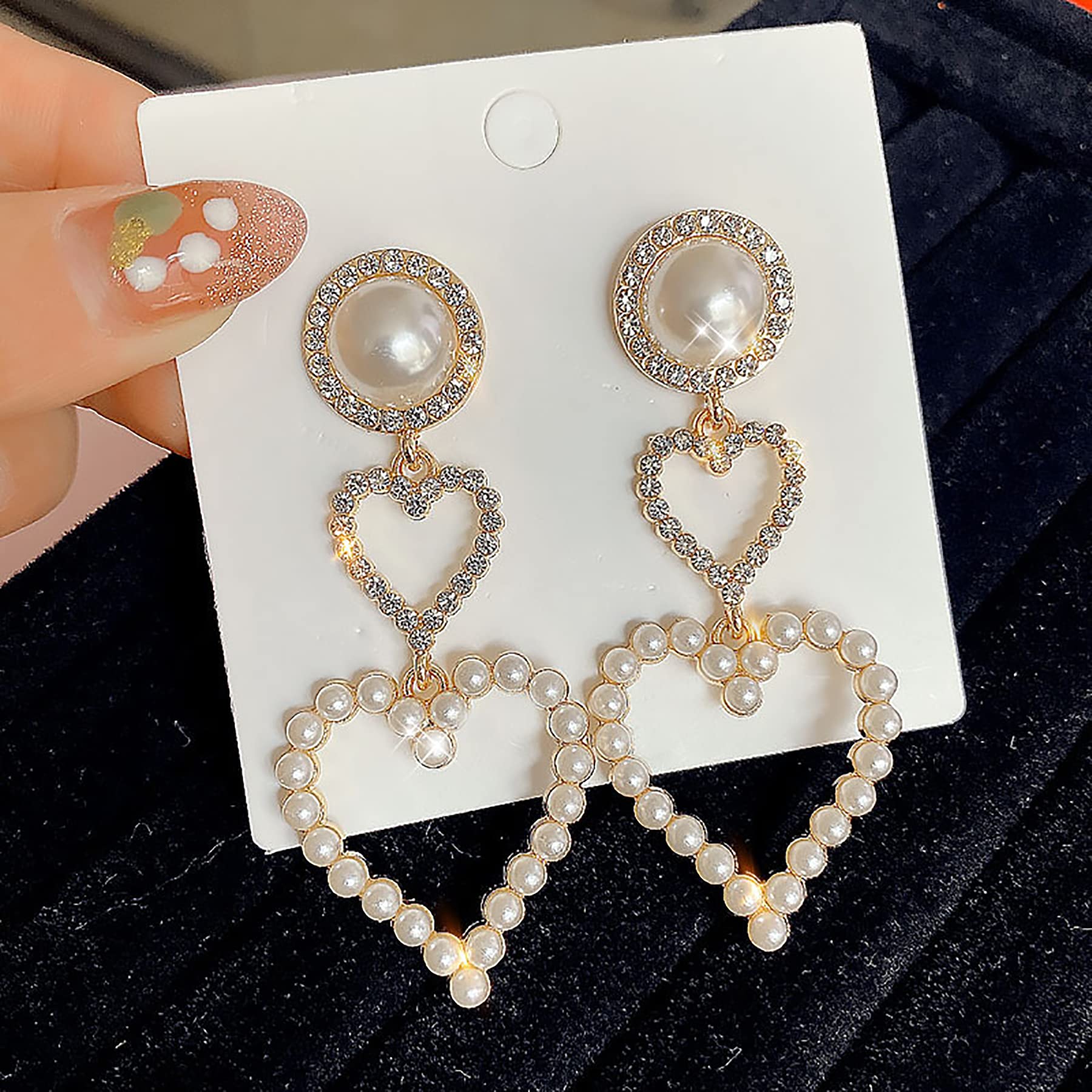 BUAJIUBUA Heart Earrings Drop Pearl Heart Earrings for Women Girls Teens Rhinestone Earrings（Gold Plated）