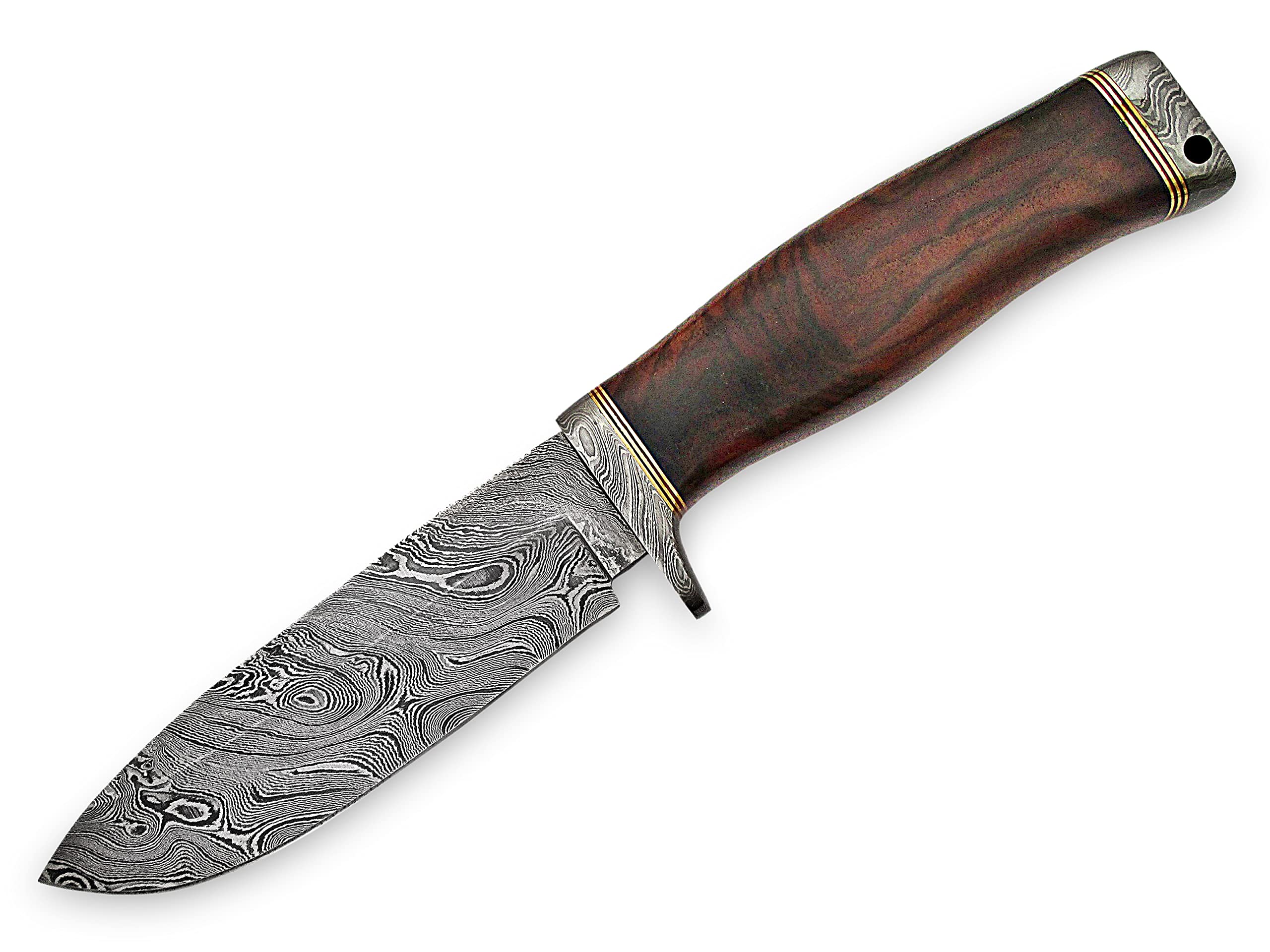 SFG - 11" Fixed Blade Hunting Knife, Damascus Steel Blade, Non-Slip Walnut Wood Handle, Lanyard Hole, Leather Pouch, Hunting, Camping, Backpacking, Fishing, Unique Gift Item For Men