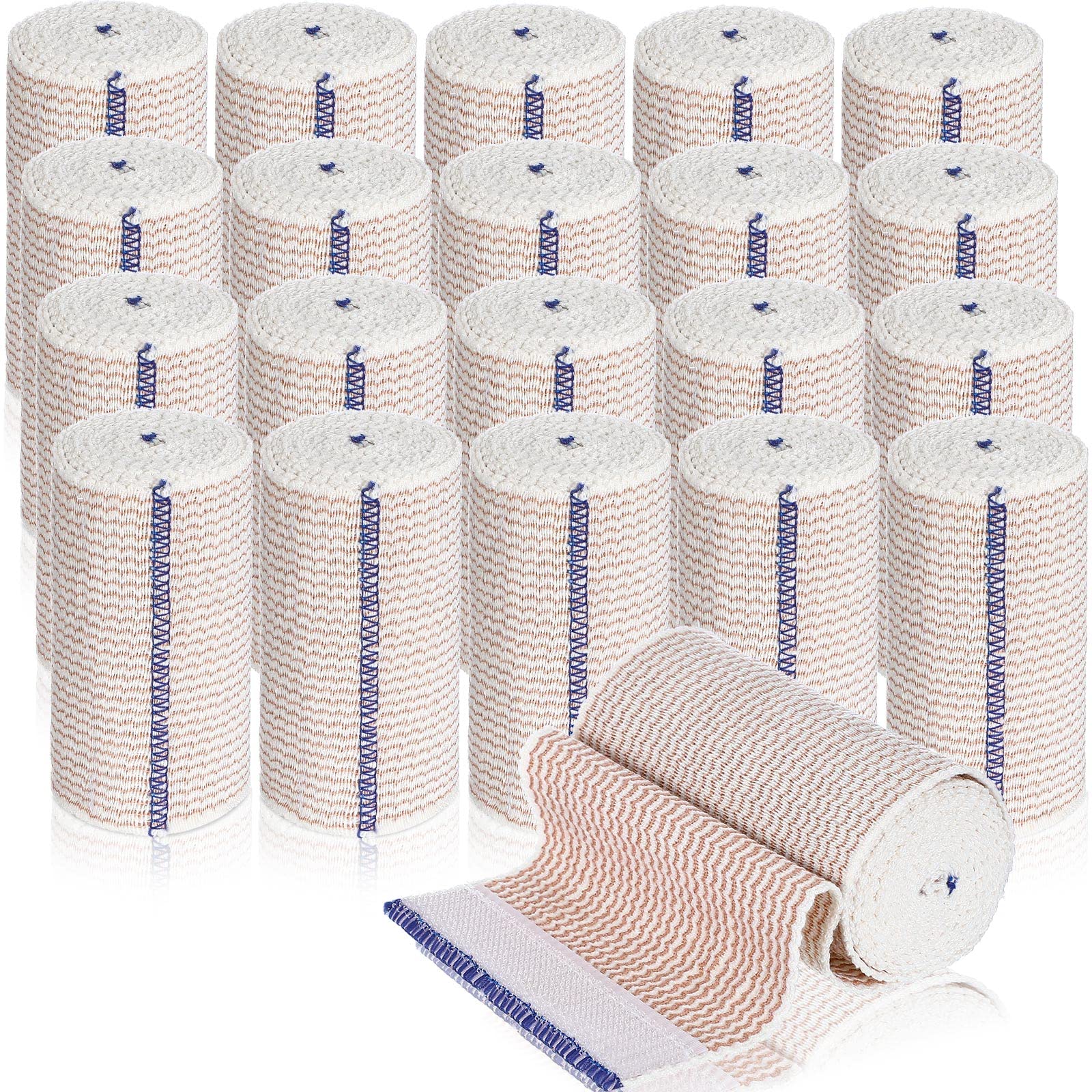 20 Pack Elastic Bandage Wrap with Self Closure on Both Ends Compression Bandage for Legs, Knees, Ankles, Wrists, Elbows, Shoulders, Athletic Stretchable Bandage Wrap (Blue Trim, 4 Inch)