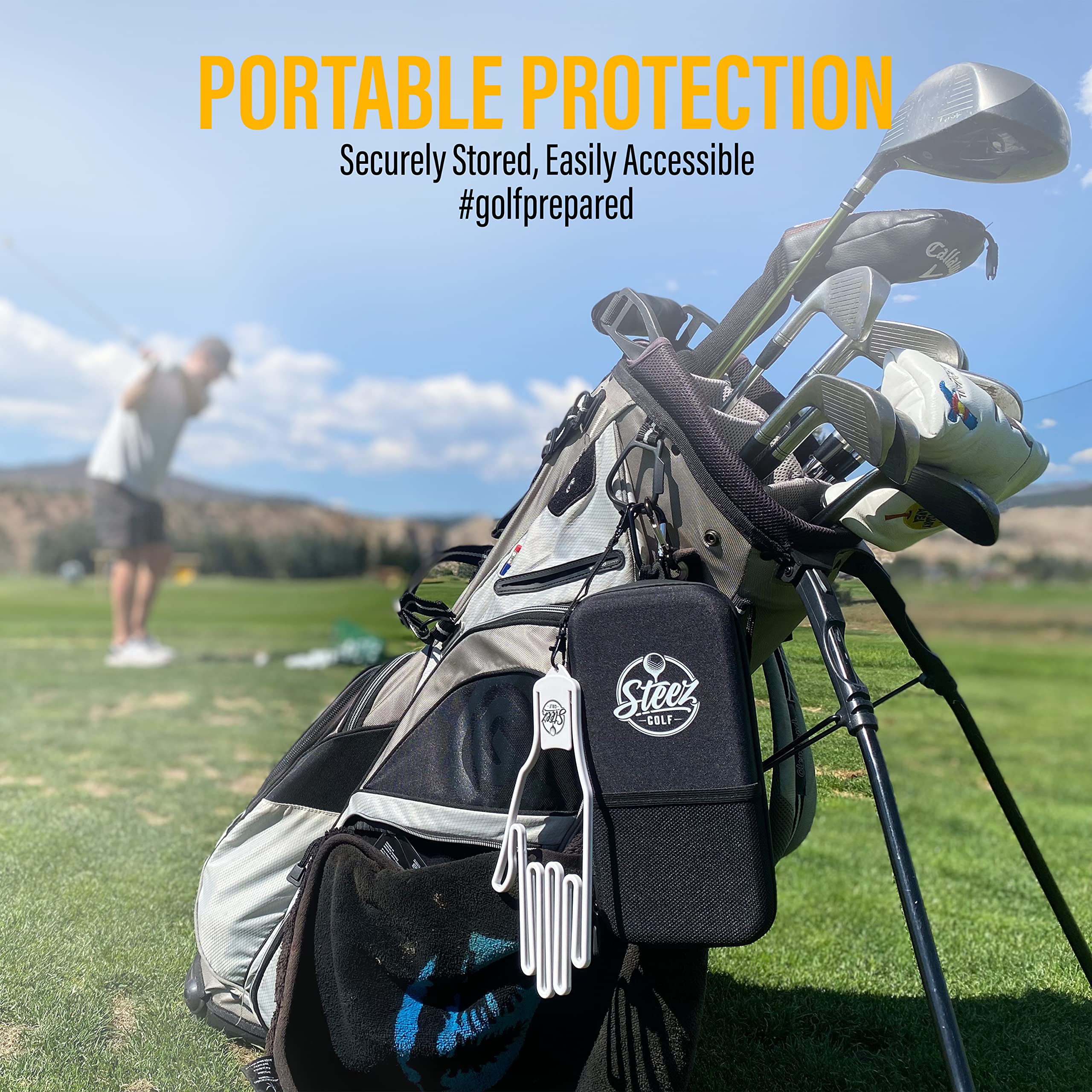 Steez Golf Accessory Case - Golf Bag Organizer. Airtight, Water-Resistant, Protective Hard Case for Phone, Tees, Ball Markers, Repair Tools, and Golf Essentials. Removable Golf Glove Hanger/Dryer